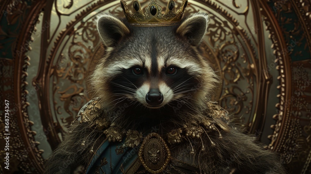Raccoon in lace and feathered baroque attire, posed in a luxurious ...