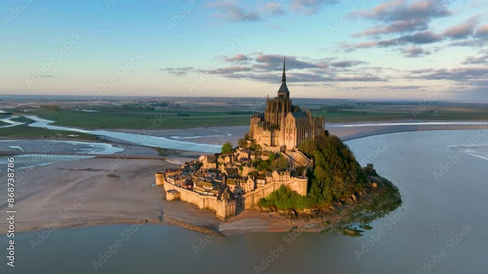 Aerial view of the famous French landmark Abbaye du Mont-Saint-Michel ...