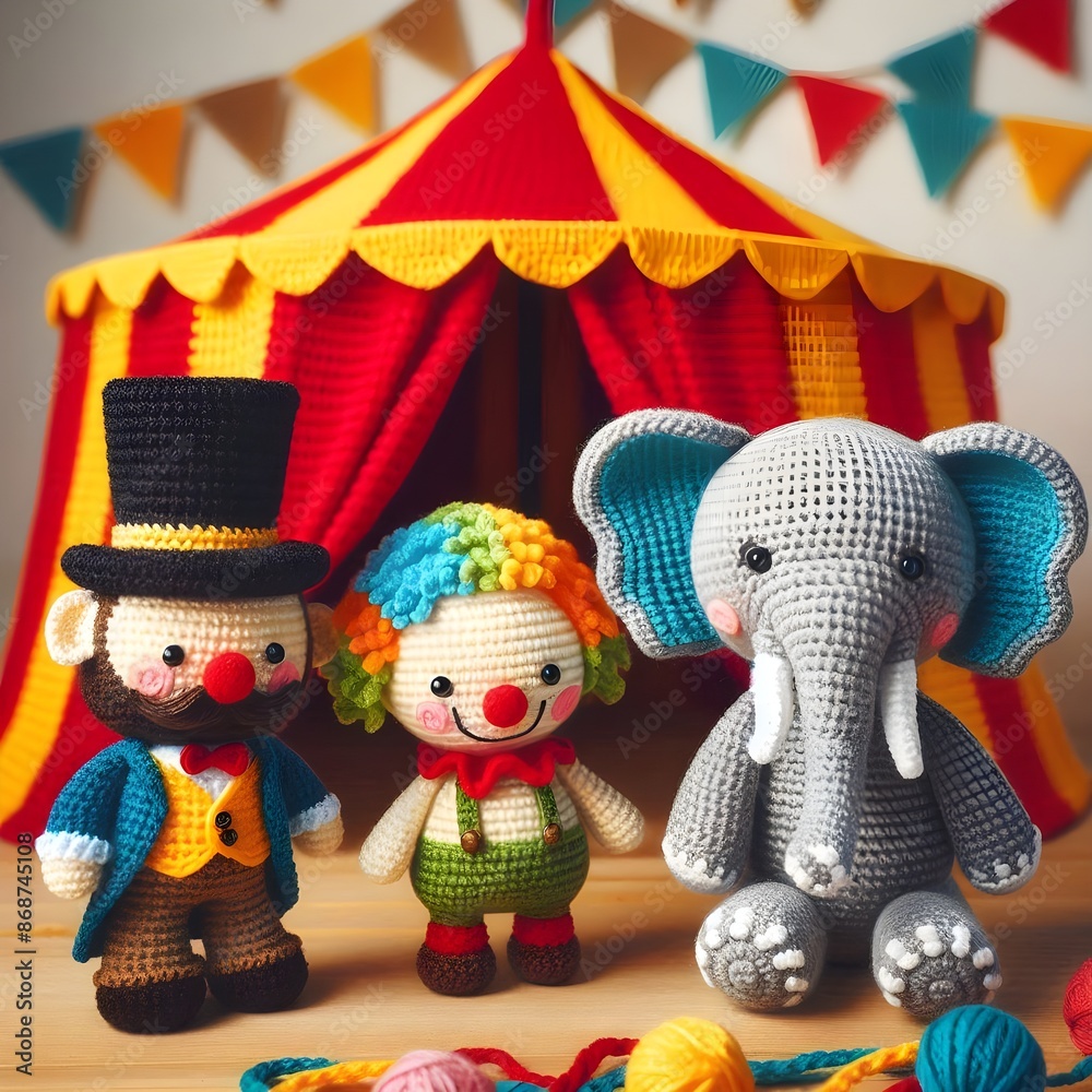 Handmade crochet amigurumi toys in a circus scene, including a ...
