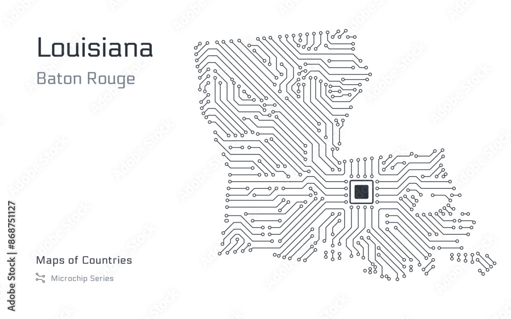 Luisiana Map with a capital of Baton Rouge Shown in a Microchip Pattern ...