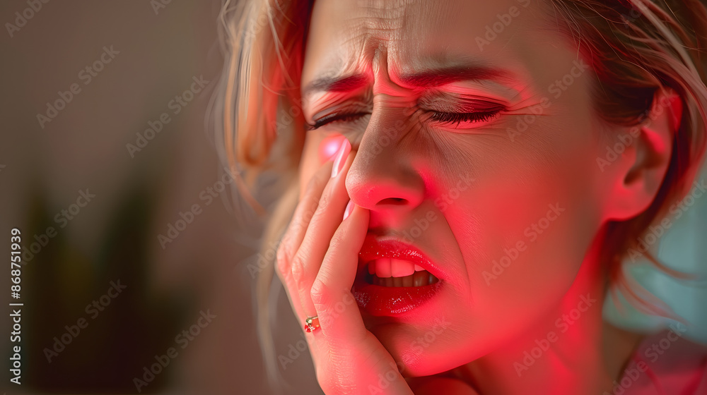 Depressed sad elegant middle aged woman with tooth pain and dentistry ...