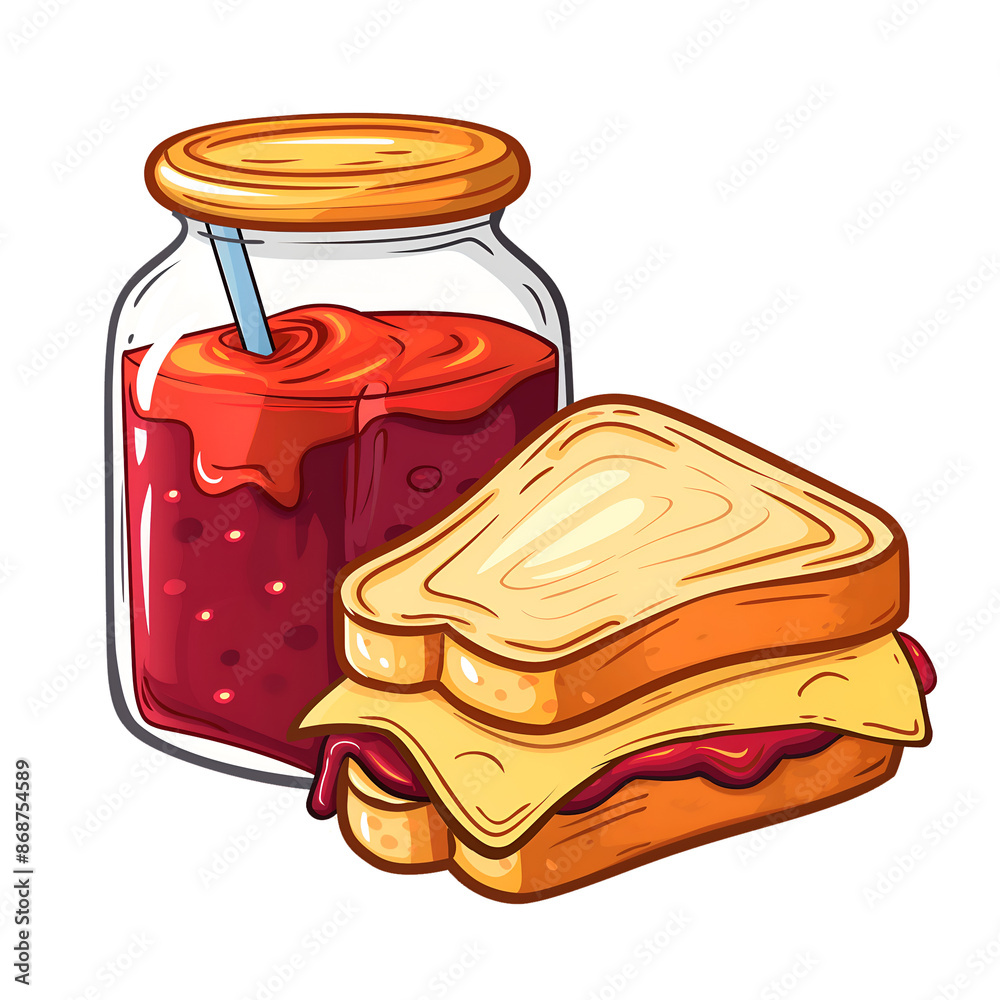 Cartoon Illustration of Peanut Butter and Jelly Sandwich with Jar of ...