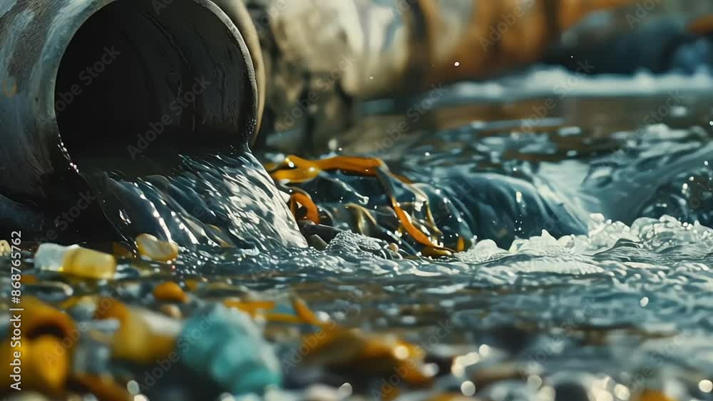 concrete sewer pipe under embankment with dirty sewage flooded ...