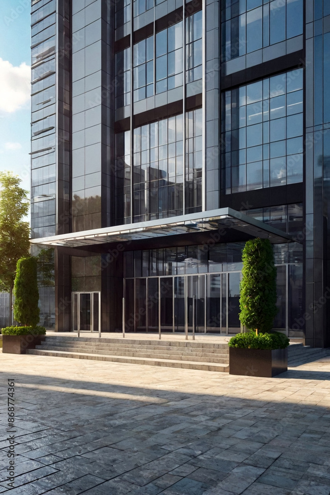 Entrance to modern office building of business city with automatic ...