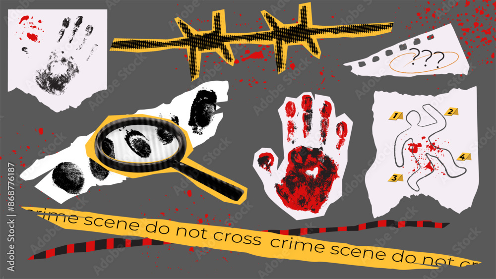 29 crime scene collage illustrations, including a scene with a chalk ...