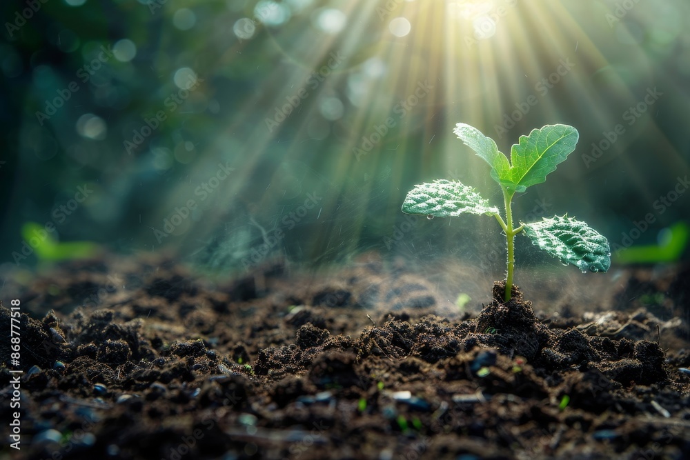 Green seedling in the shape of a cross in a fertile soil with rays of light illustrating concept ...
