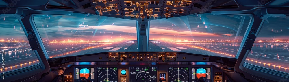 Inside airplane cockpit with pilots, runway in view, hightech, detailed ...