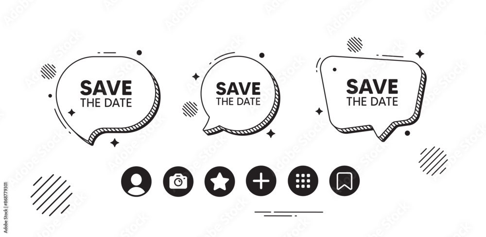 Save the date tag. Speech bubble offer icons. Calendar meeting offer ...