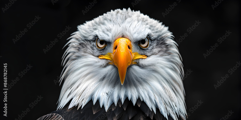 A bald eagle's face is shown against a black background. One on one ...