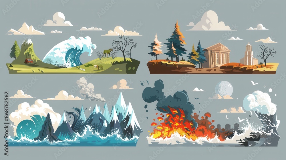 Set of flat illustrations showing cartoon natural disasters: hurricane ...