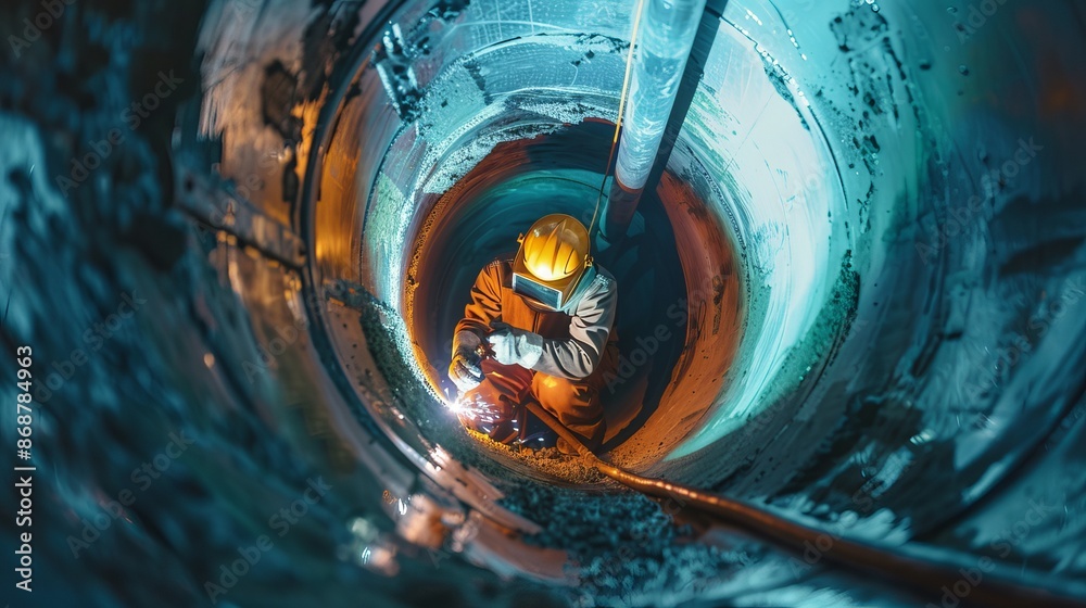 Digital visualization of heavy industry with a welder working inside a ...