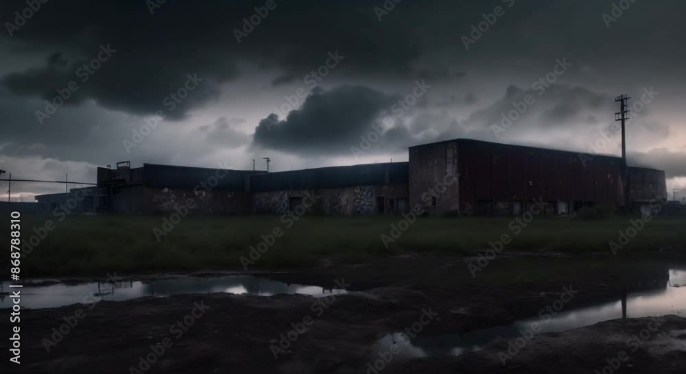 A desolate scene of an abandoned industrial warehouse under a cloudy ...