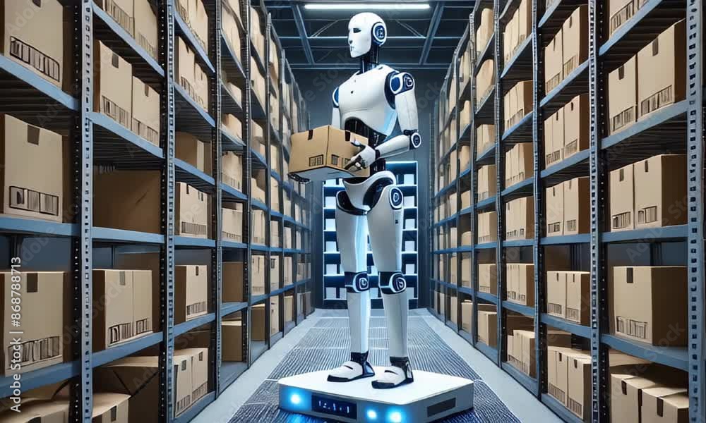 humanoid robot navigates an expansive warehouse, efficiently handling ...