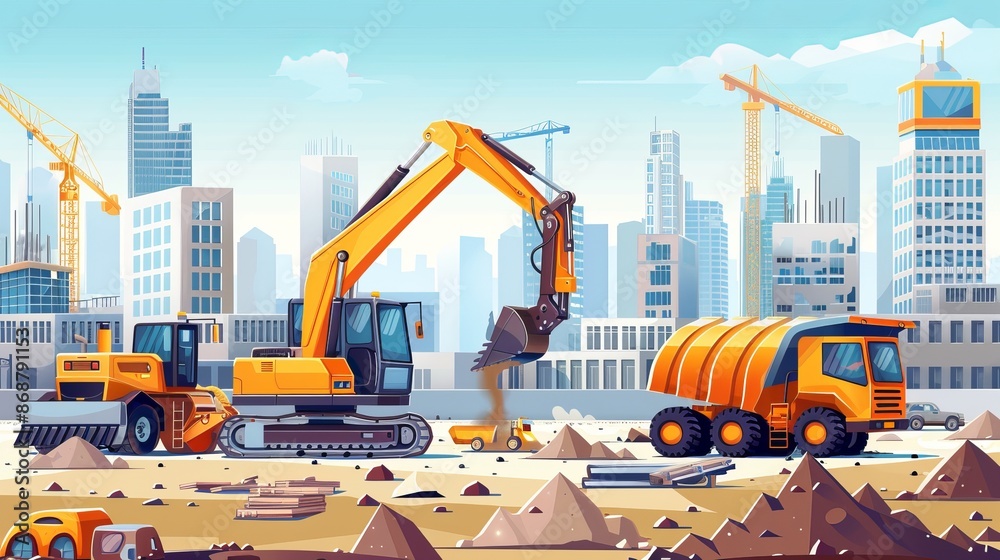 Panoramic background featuring heavy machinery such as excavators ...