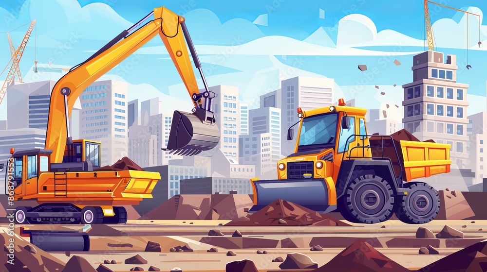 Panoramic background featuring heavy machinery such as excavators ...