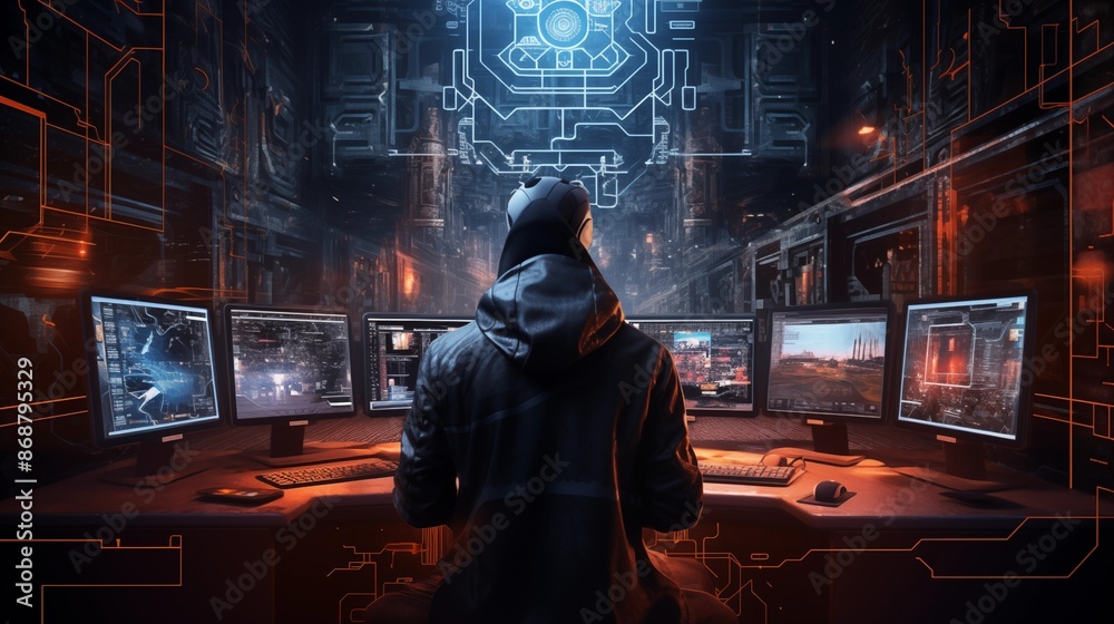 Depict a skilled cyberpunk hacker in a futuristic setting, surrounded ...