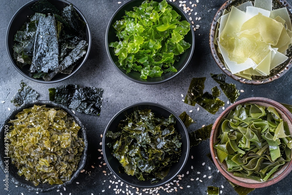 Overhead look at various dry types of seaweed nori kelp dulse wakame ...