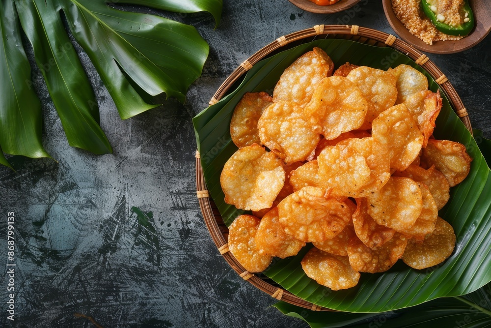 South Indian snacks fried in coconut oil on a banana leaf also known as ...