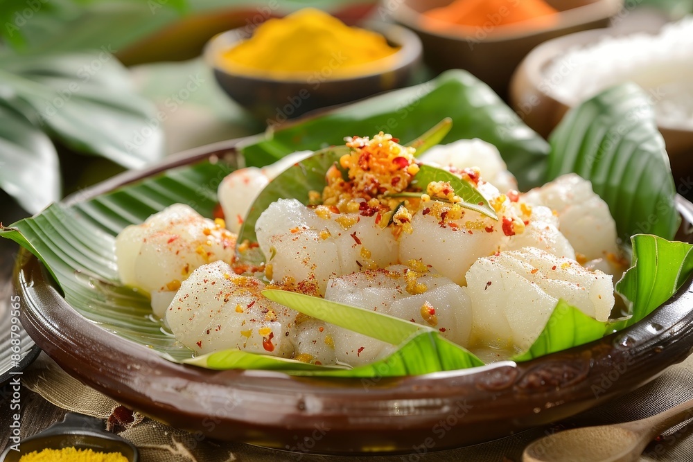 Spicy Fish curry with cooked tapioca from Kerala served with chutney ...