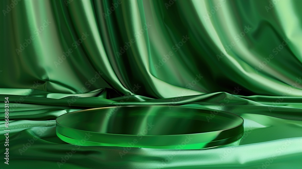 Round transparent glass platform podium on green wave silk satin fabric ...