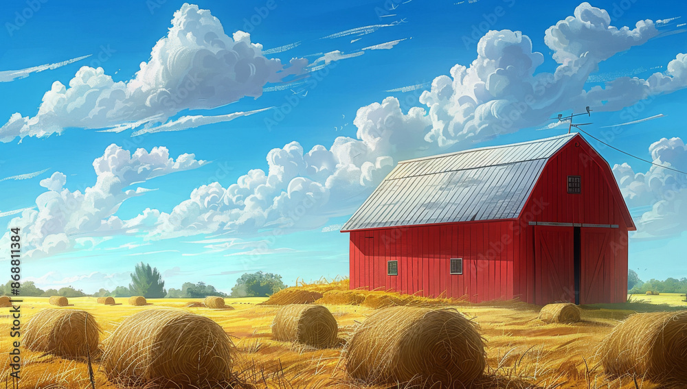 Farm-themed cartoon barn design featuring straw bales and hay piles ...