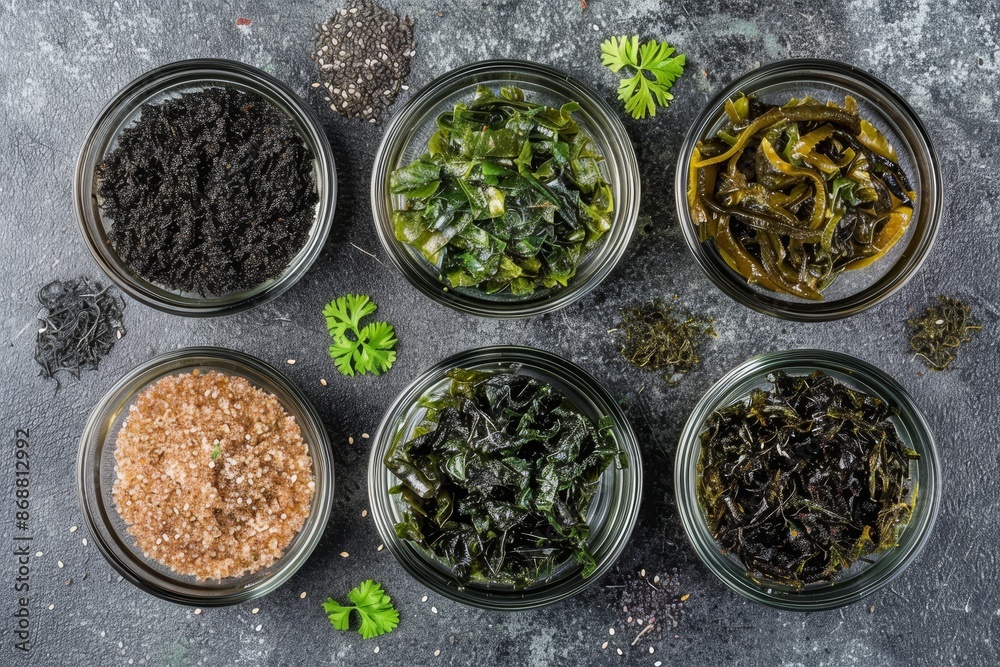 Bird s eye view of various dried seaweed types nori kelp dulse wakame ...