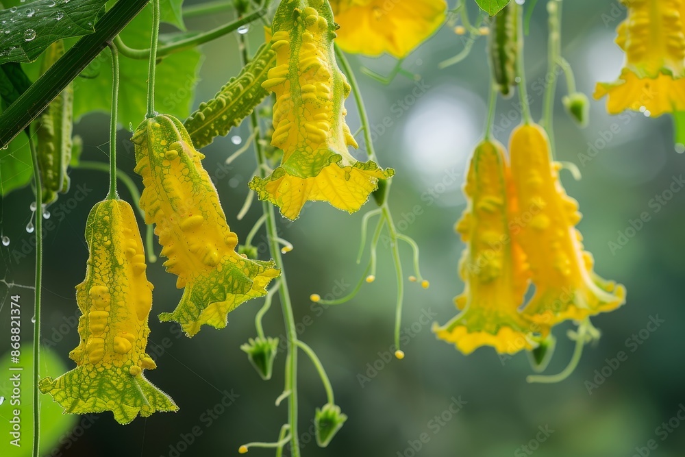 Yellow Momordica Charantia flowers with Bitter Gourd in background ...