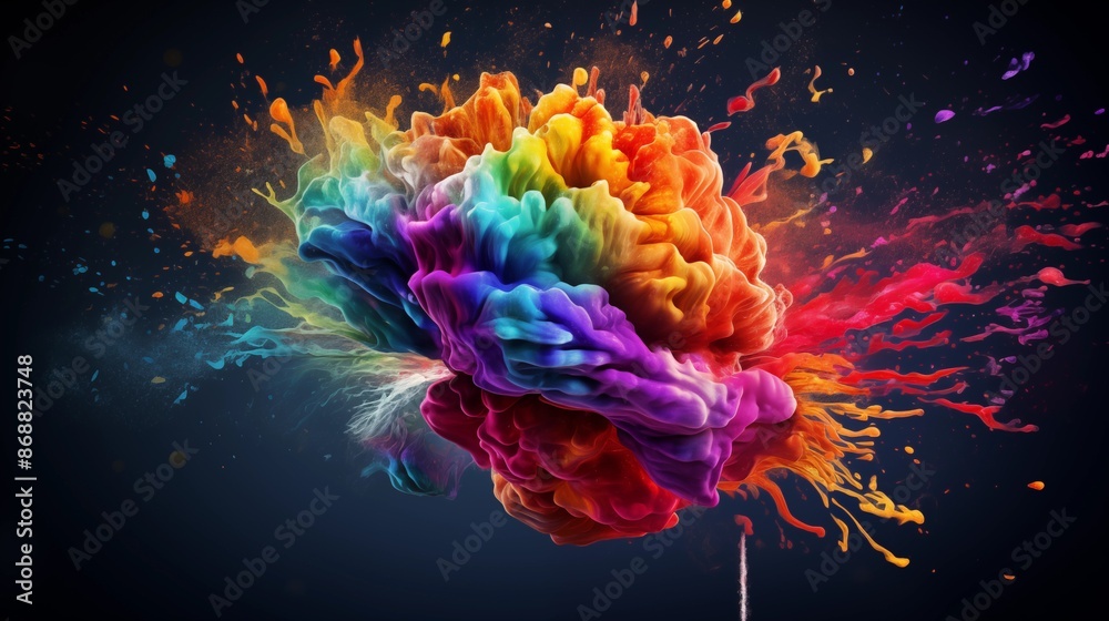 Rainbow human brain explosion, cognitive overload, creative inspiration ...