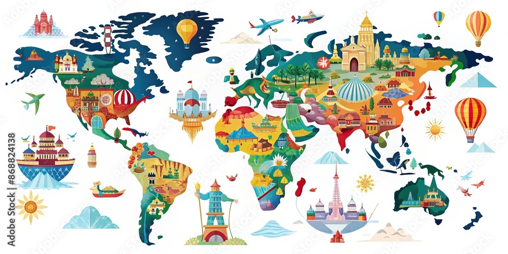 Vibrant, colorful illustration of a kid-friendly world map featuring ...