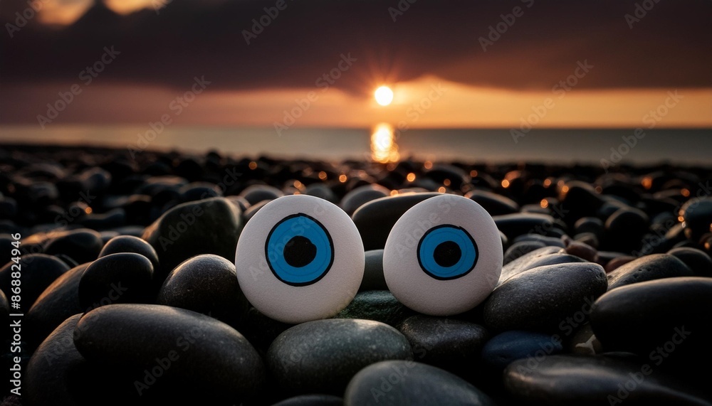 oval sea pebble stone in form of eyes on beach pebbles as natural ...