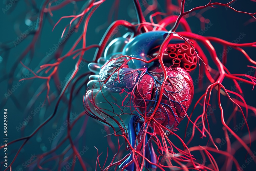 Stylized human human heart with veins, arteries and blood vessels on ...