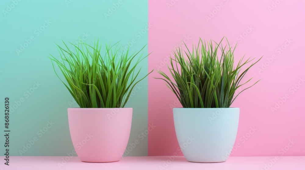 This vibrant image features two green potted plants placed in pink and ...