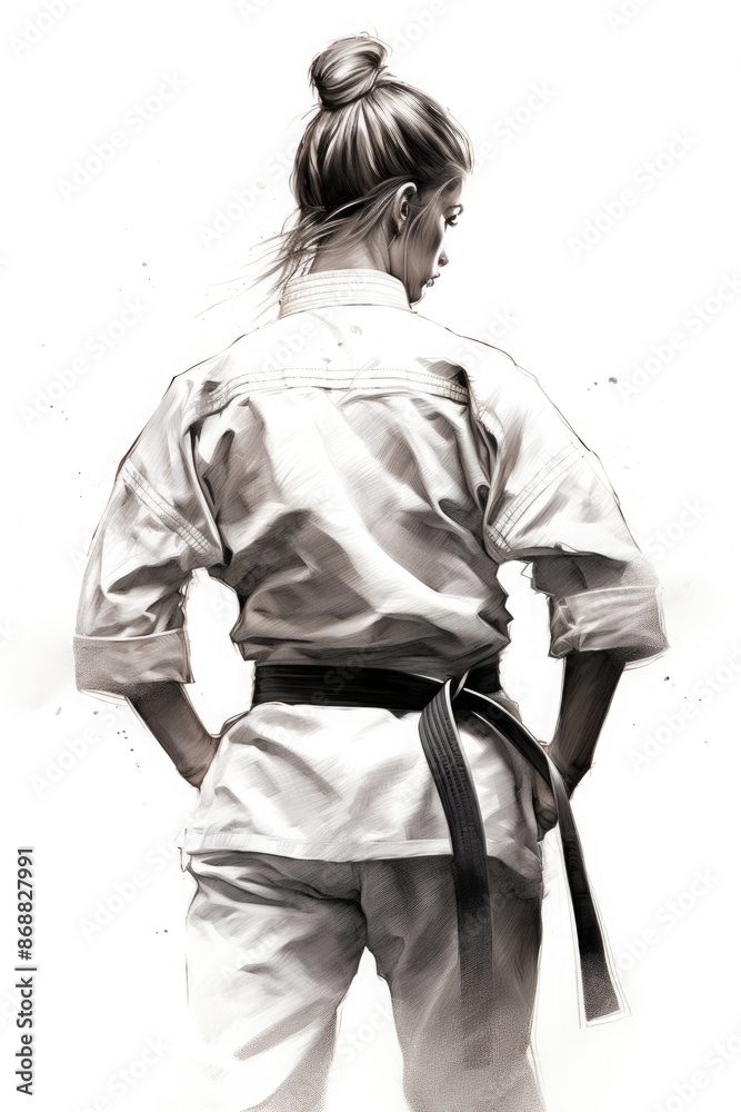 Fighting stance in kyokushinkai karate. One young woman, girl in a ...
