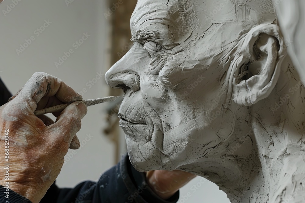 An artist sculpting a clay bust of an elderly man, creating realistic ...