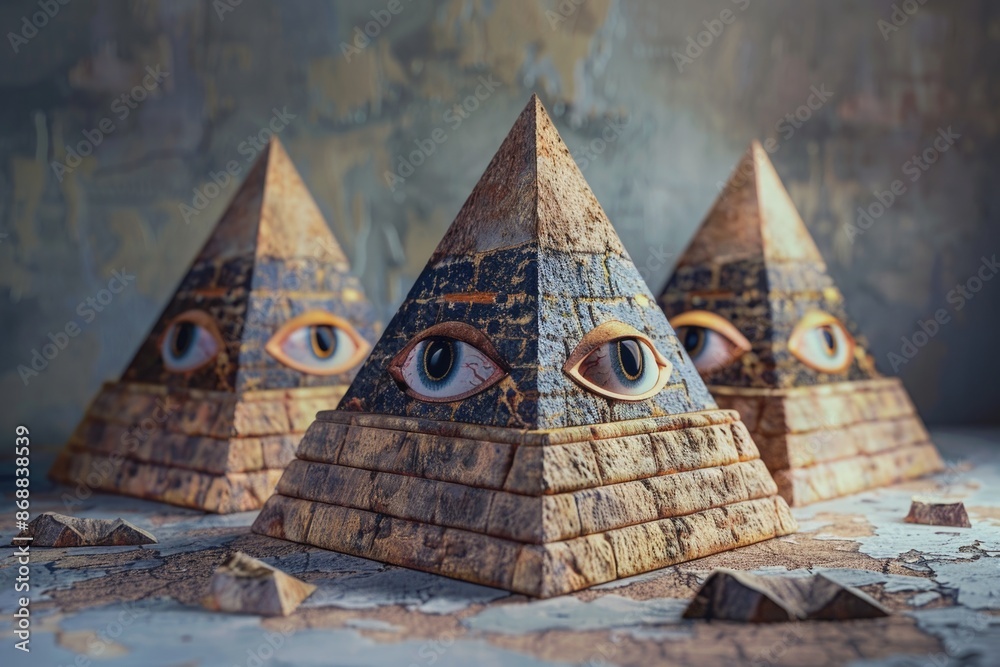 Ancient Egyptian-inspired art featuring three pyramids with unique, eye ...