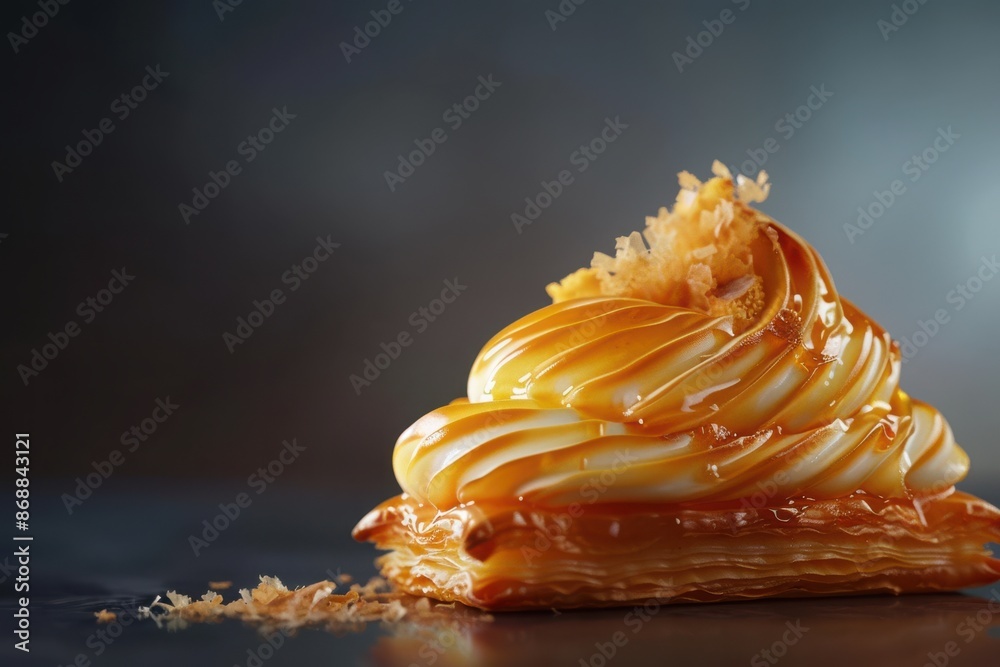 Delicious dessert pastry with caramel drizzle, cream filling, and a ...