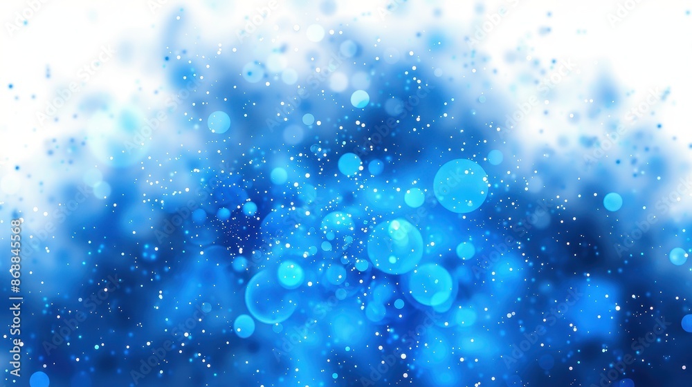 An abstract image featuring a dynamic bokeh light effect in varying shades of blue, creating a ...
