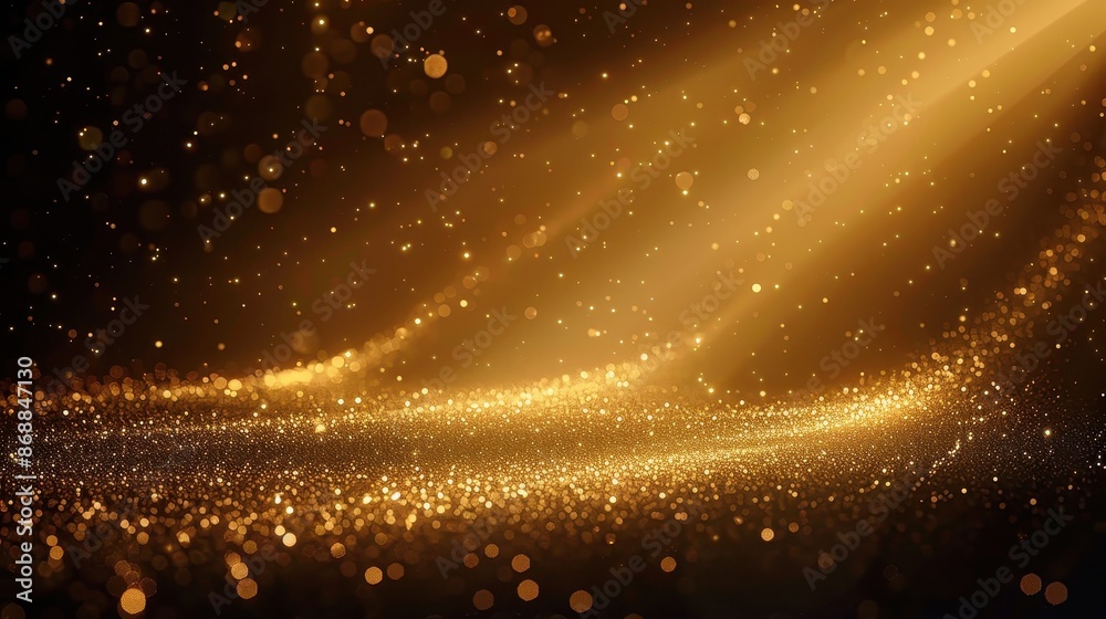 This image shows a captivating display of golden glittering particles ...