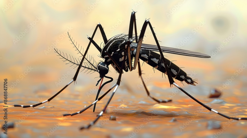 This image features a mosquito in profile rendered with remarkable ...