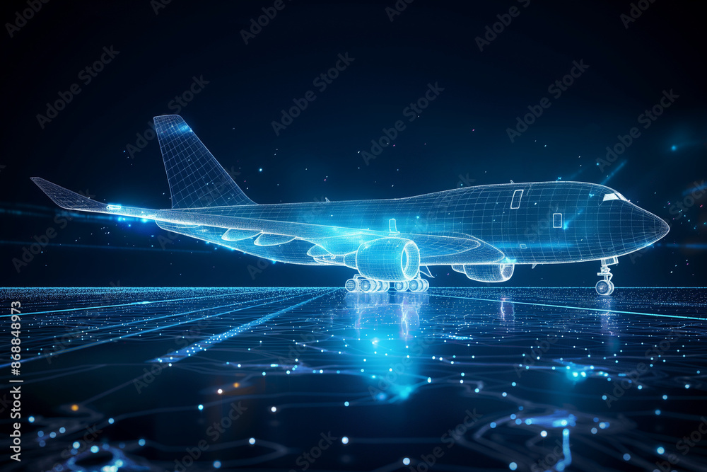 Side view of a digital wireframe airplane on a virtual grid. Concept of ...