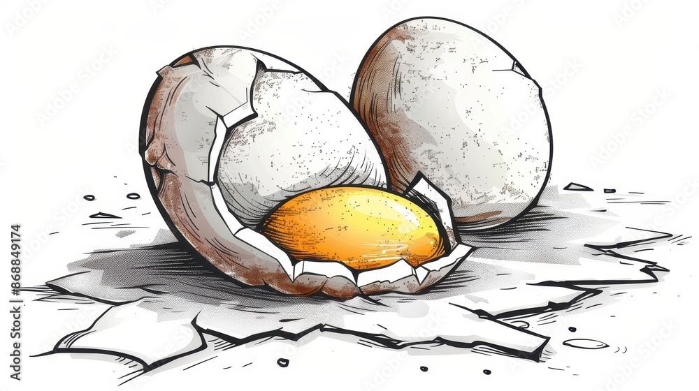 Illustration of two eggs, one intact and the other cracked open ...