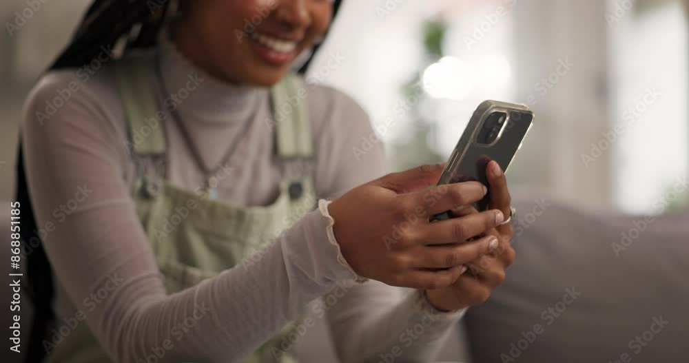 Girl, phone and laughing for search on sofa for social media meme ...