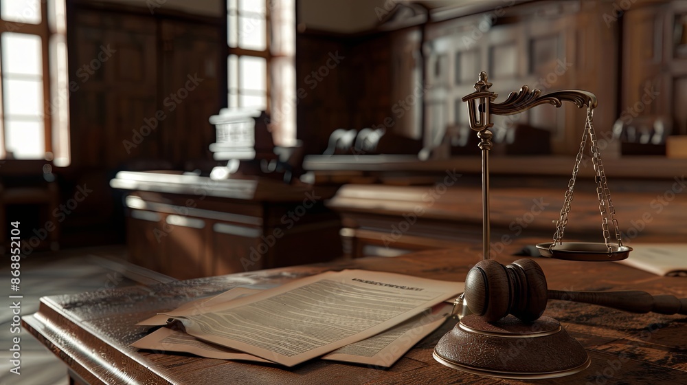Modern Courtroom Interior with Judge’s Bench, Legal Documents, and ...