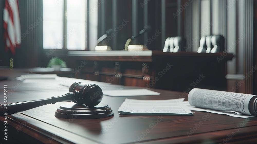 Modern Courtroom Interior with Judge’s Bench, Legal Documents, and ...