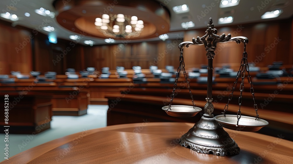 Modern Courtroom Interior with Judge’s Bench, Legal Documents, and ...