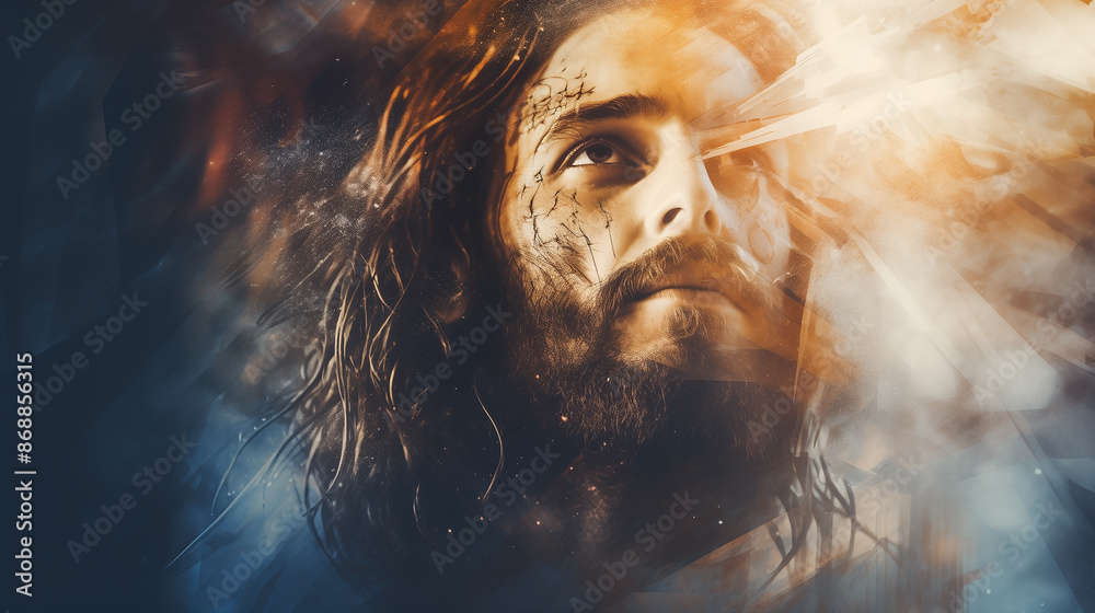 Double exposure abstract image, merging serene image of Jesus Christ ...