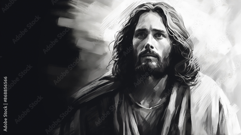 Painting depicted Jesus Christ with his serene face and flowing hair ... Painting depicted Jesus Christ with his serene face and flowing hair ...