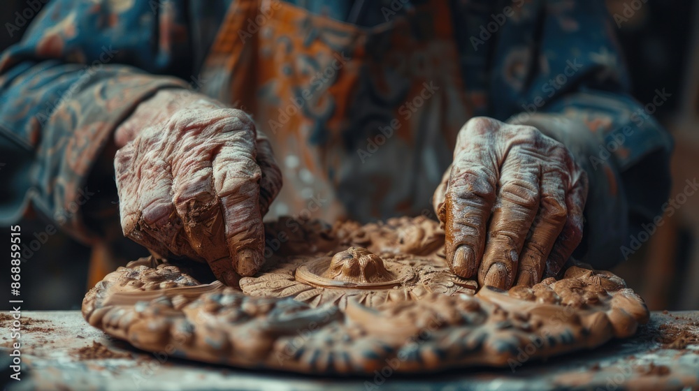 Intimate craft of potter hands molding clay, tactile process of shaping ...