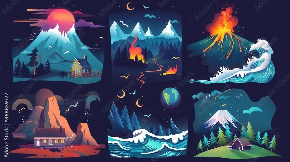 A set of six cartoon illustrations depicting different natural ...