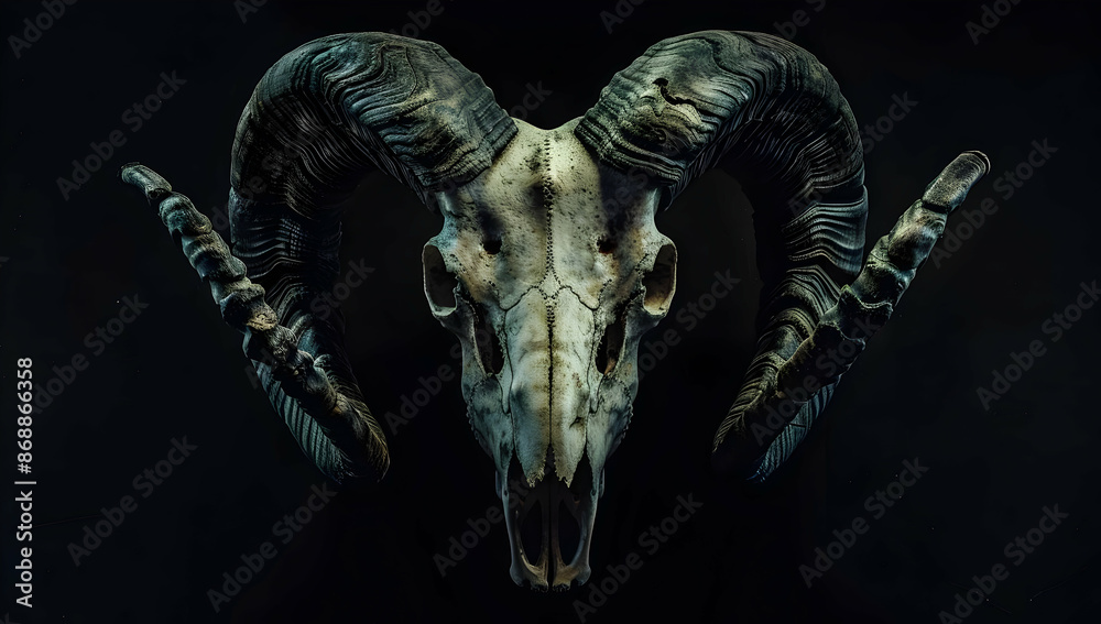 Dark, eerie photo of a ram skull with large, curved horns on a black ...